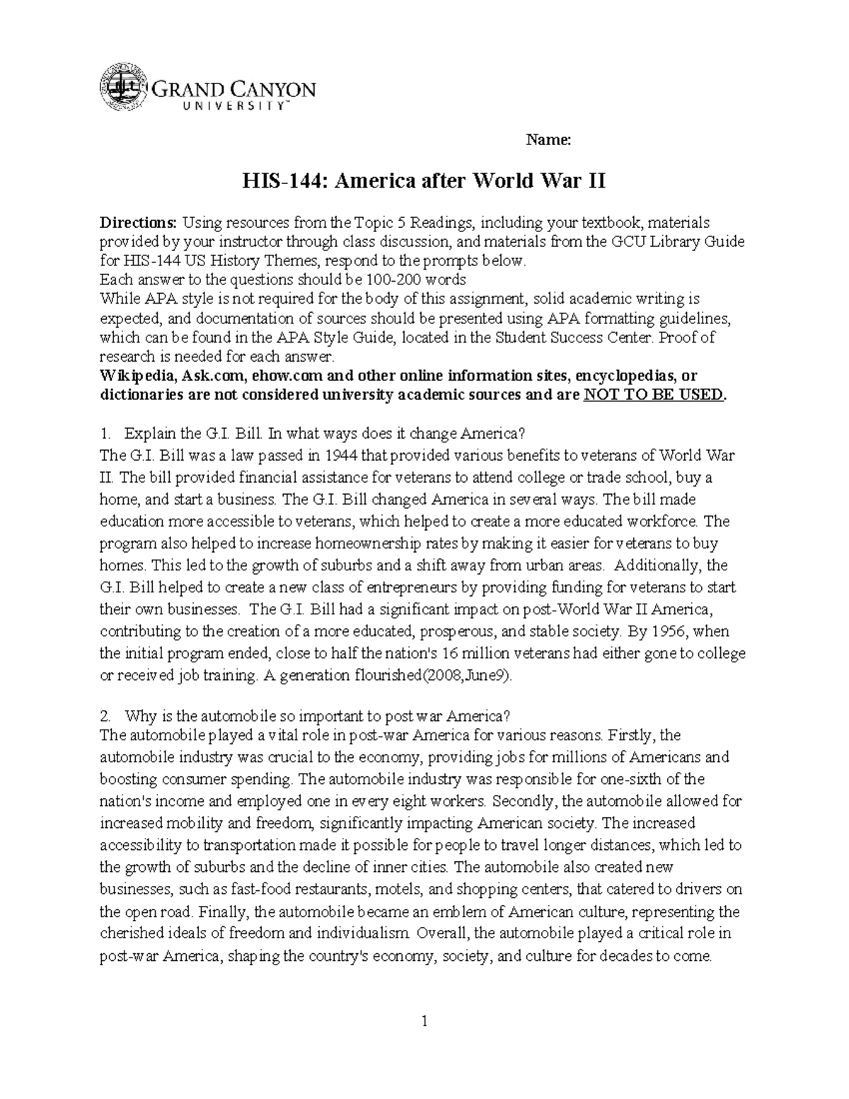 HIS-144-RS-America after WWII Worksheet - Name: HIS-144: America after ...