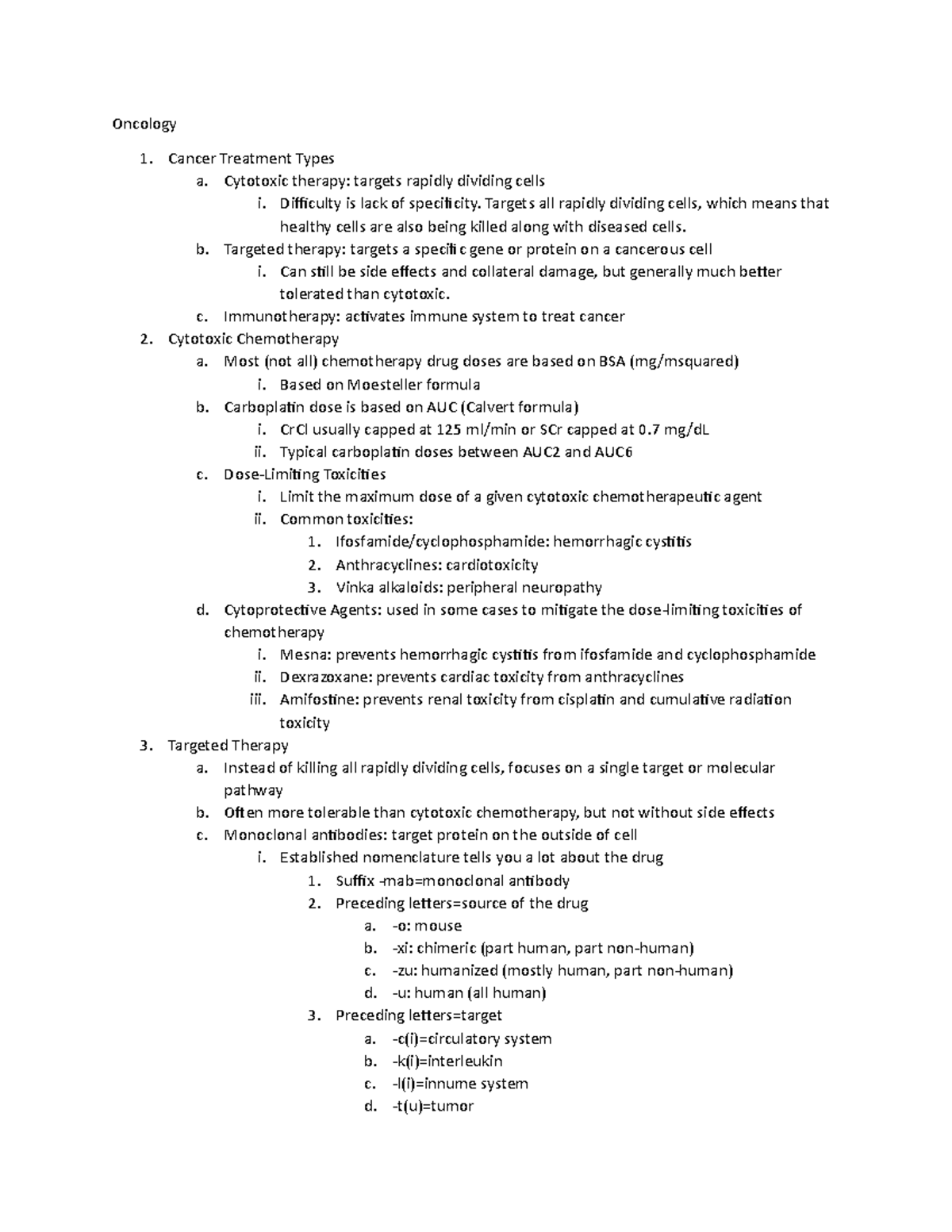 Oncology Notes - Oncology Cancer Treatment Types a. Cytotoxic therapy ...