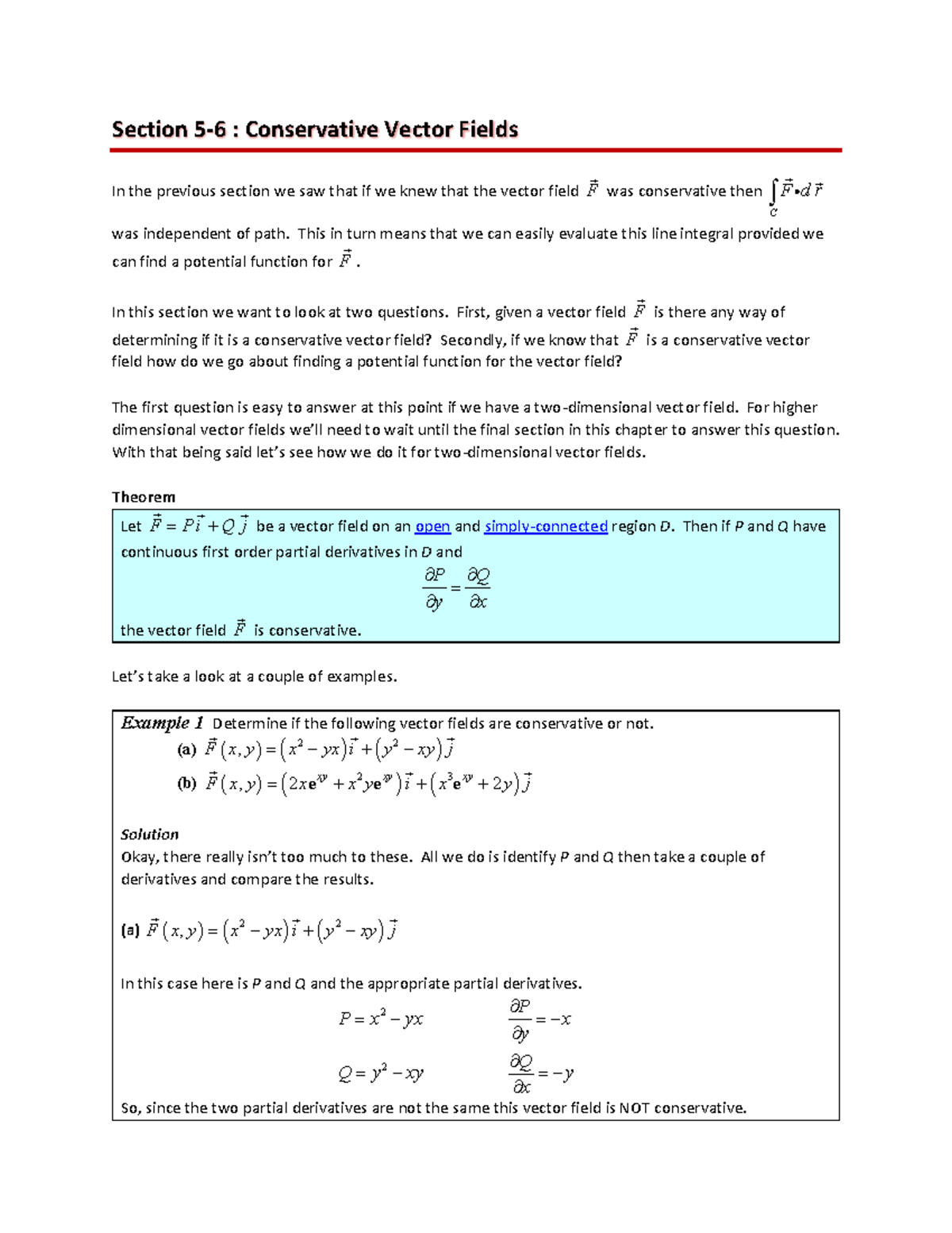 Calc III Conservative Vect Fld - Section 5-6 : Conservative Vector ...