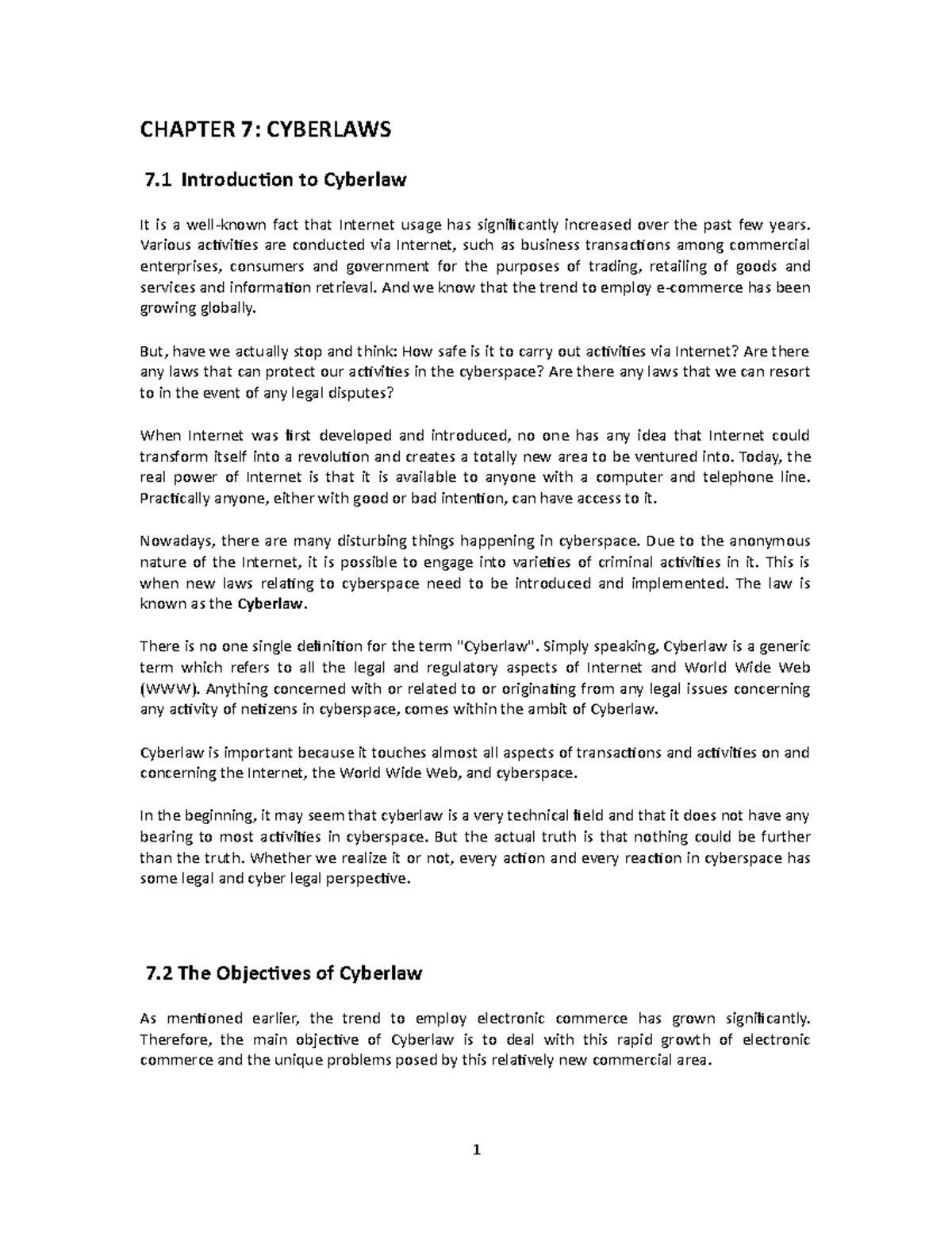 Chp 7-Cyber Laws - CHAPTER 7: CYBERLAWS 7 Introduction to Cyberlaw ...