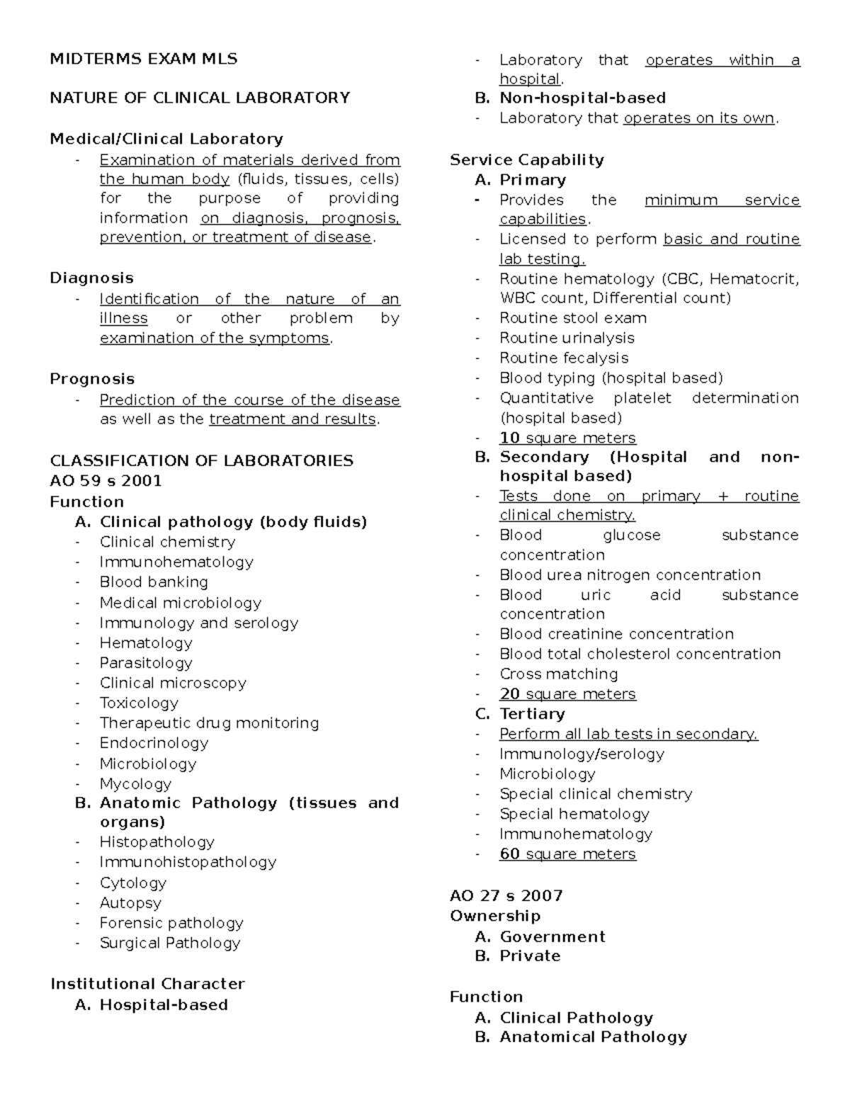 Midterms EXAM MLS - summary - MIDTERMS EXAM MLS NATURE OF CLINICAL LABORATORY Medical/Clinical ...