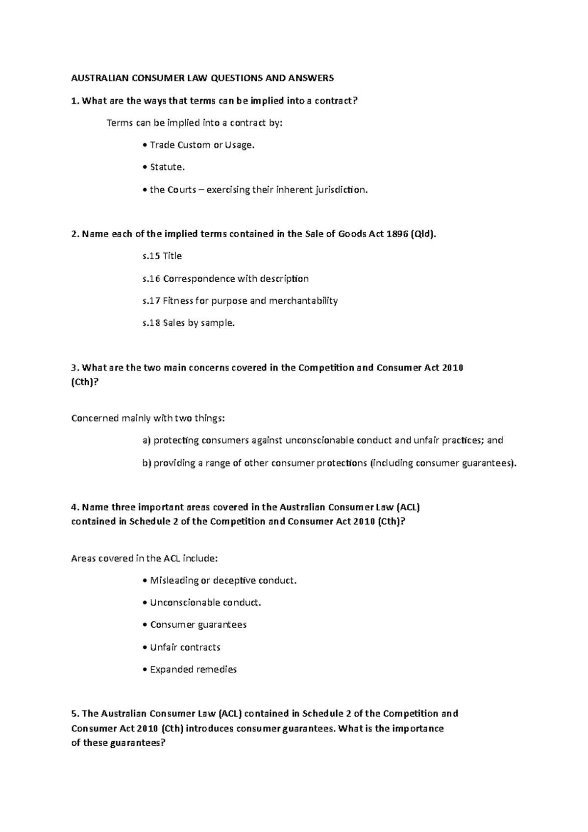 BU1112-Tutorial 6 answers - AUSTRALIAN CONSUMER LAW QUESTIONS AND ...