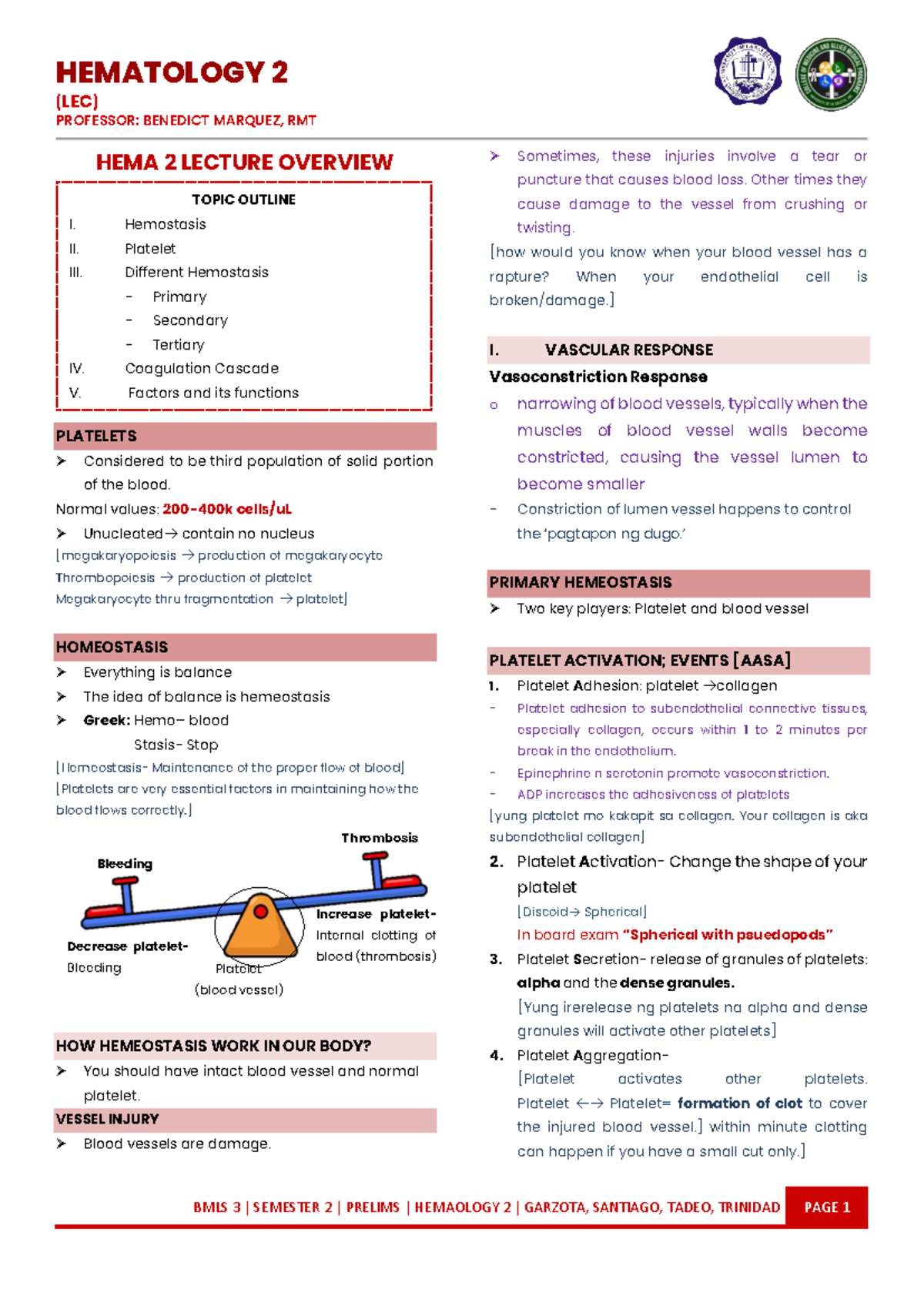 Biochemistry Handouts on water - HEMATOLOGY 2 (LEC) PROFESSOR: BENEDICT ...
