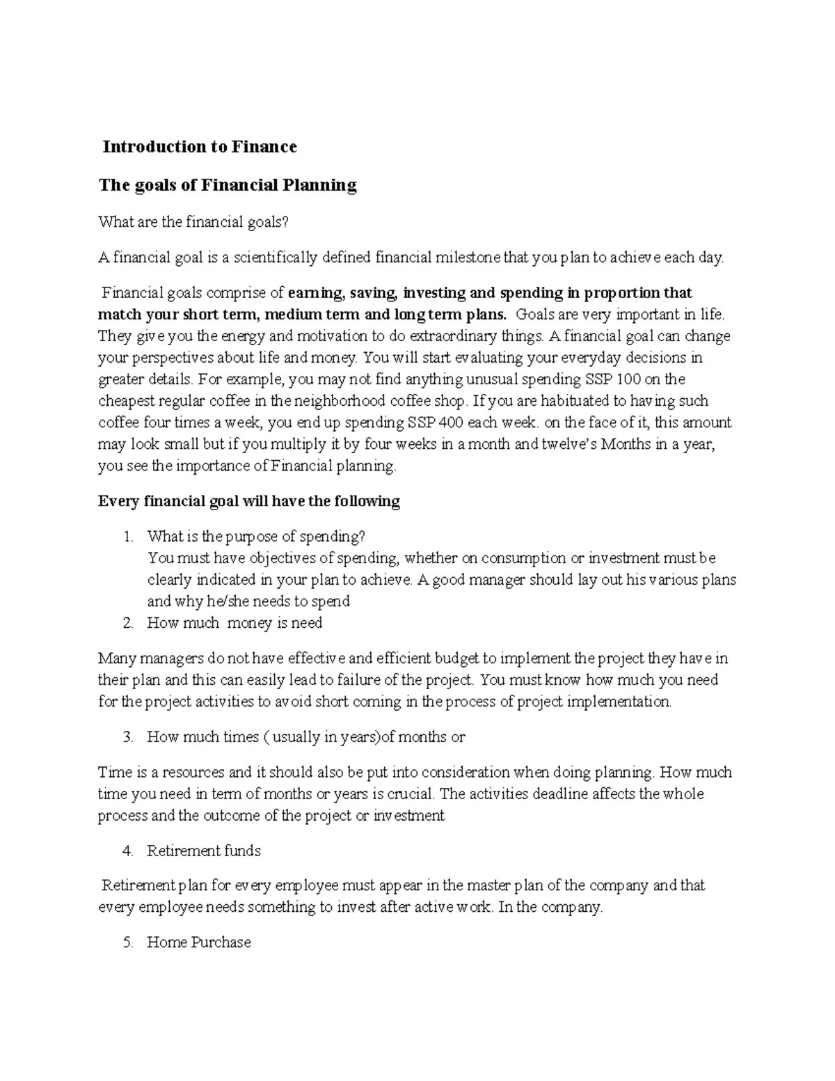 Lecture 3 Goals of financial planning - Introduction to Finance The ...