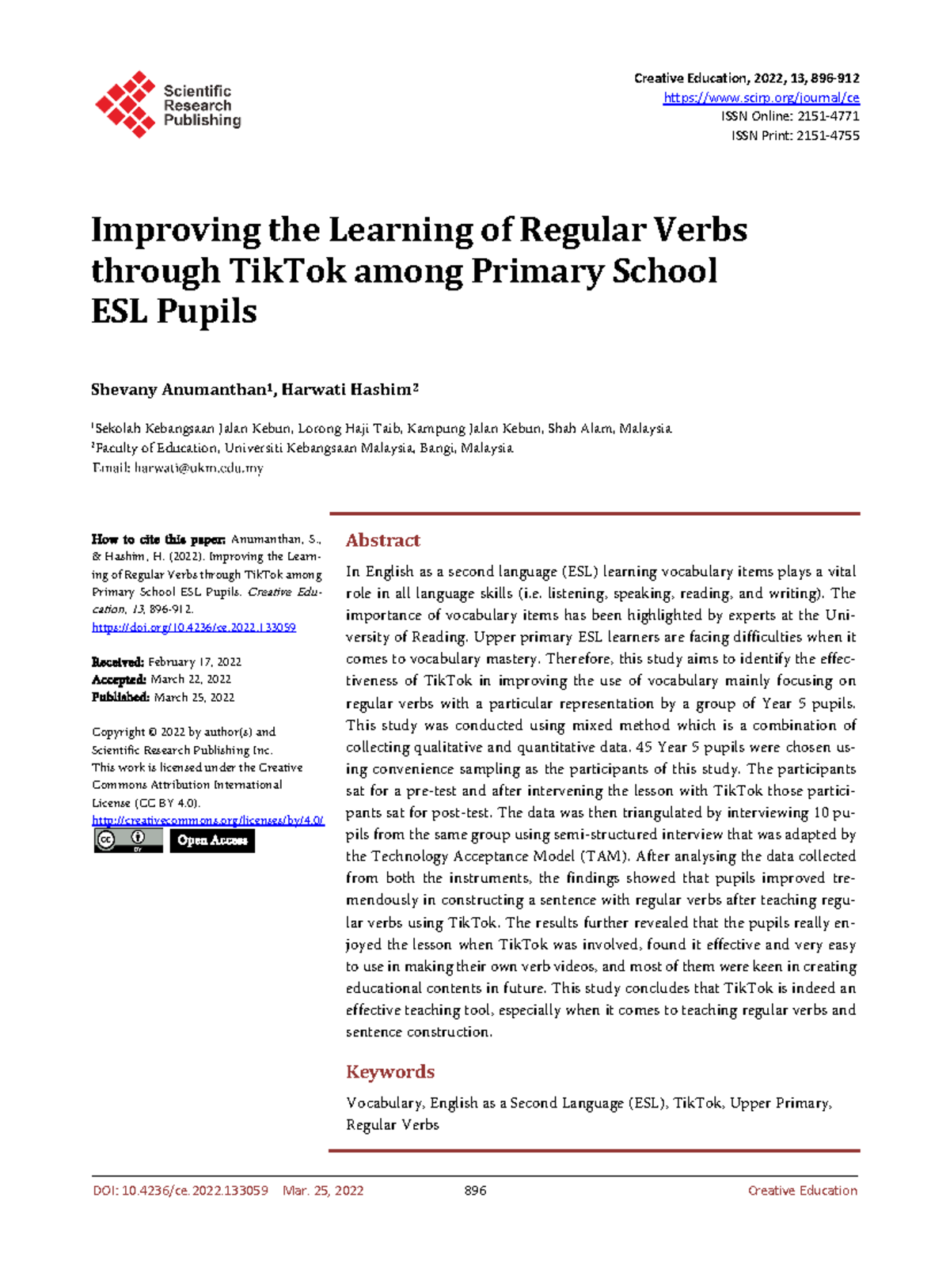 Ce 2022032414484095 - uuuuuuuu - Creative Education, 2022, 13, 896 ...