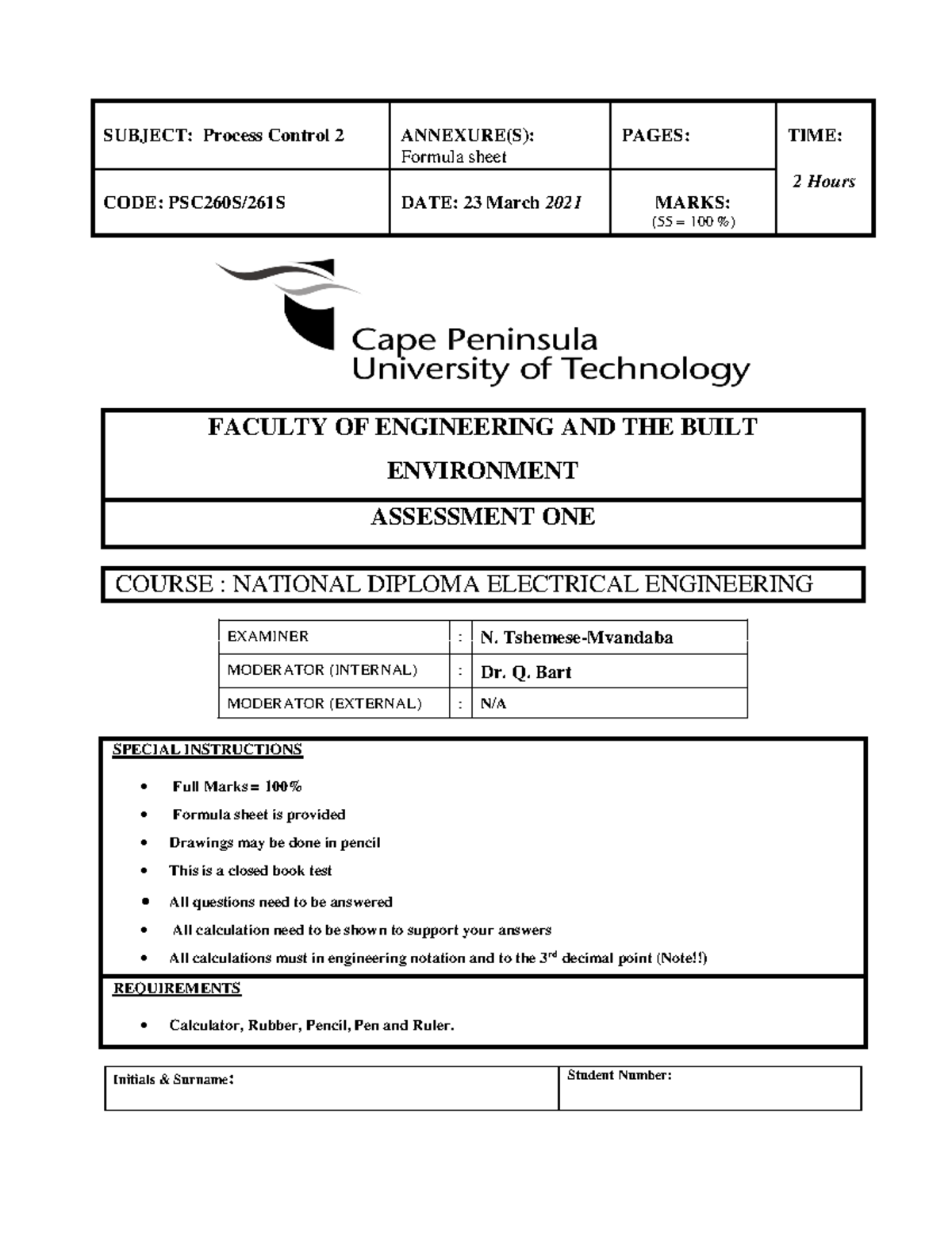 Process Control Test 1 23 March 2021 - SUBJECT: Process Control 2 ...