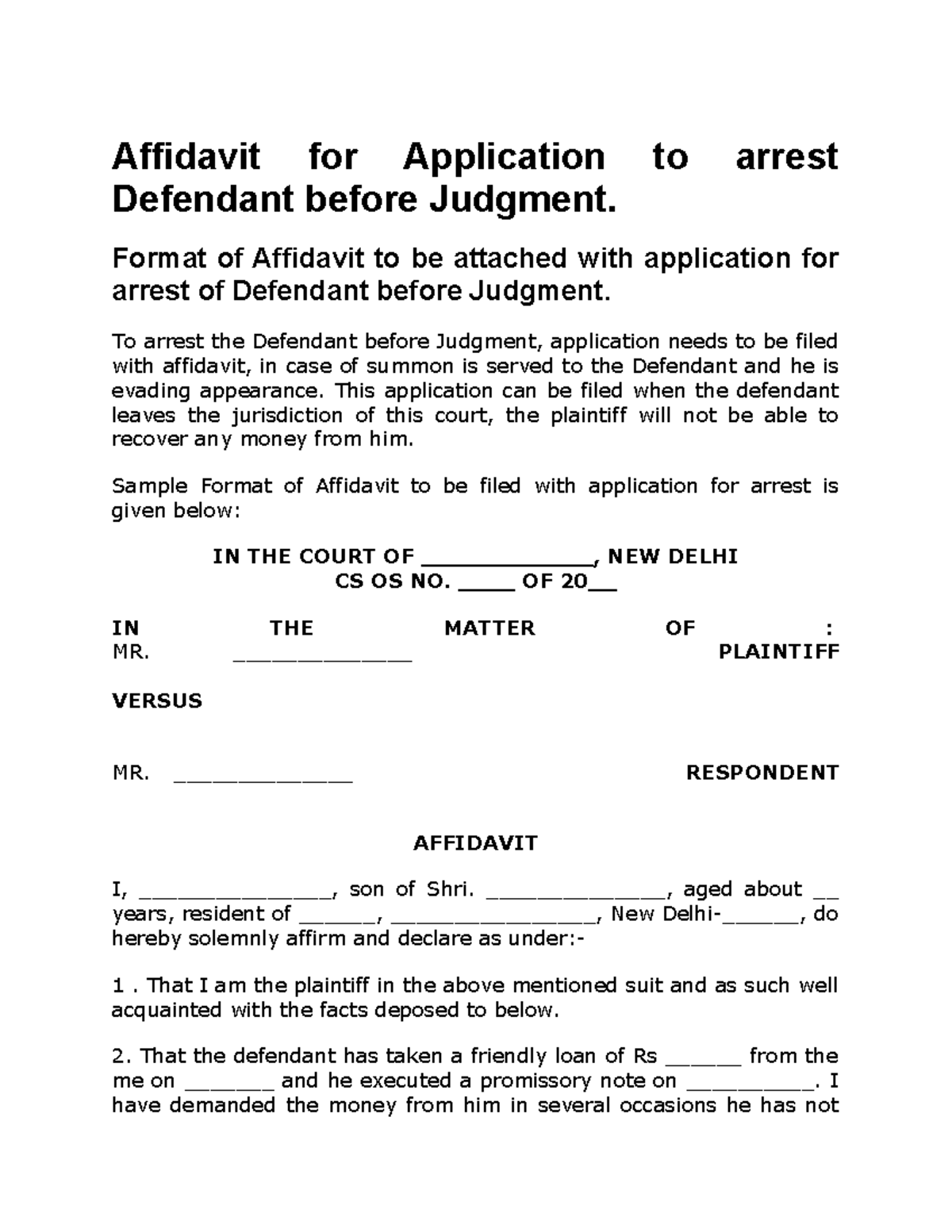 Affidavit for Application to arrest Defendant before Judgment - Format of Affidavit to be ...