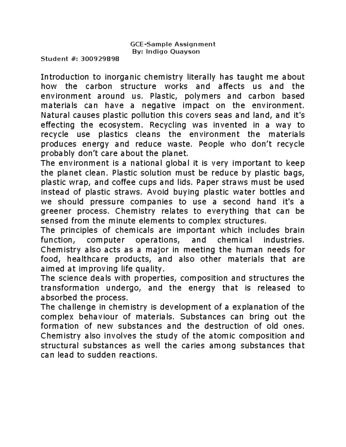 GCE-Sample Assignment - Plastic, polymers and carbon based materials ...