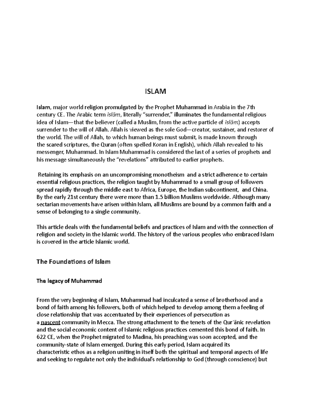 Islamiyat - Lecture notes Islam in our society - ISLAM Islam , major ...