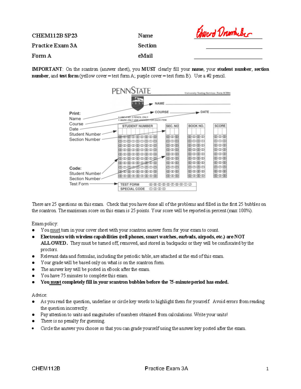 CHEM112BPractice Exam 3A - Use a #2 pencil. There are 25 questions on ...