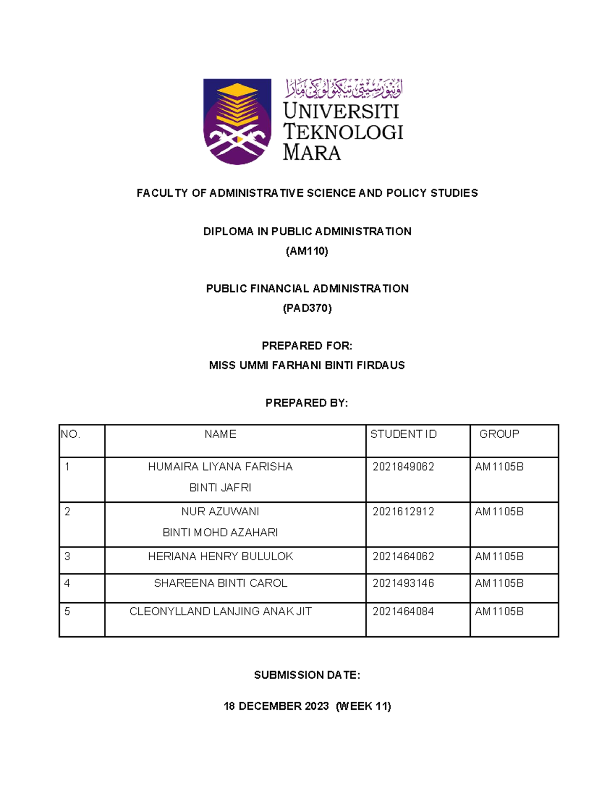 PAD370 Group 1 Written Assignment - FACULTY OF ADMINISTRATIVE SCIENCE ...