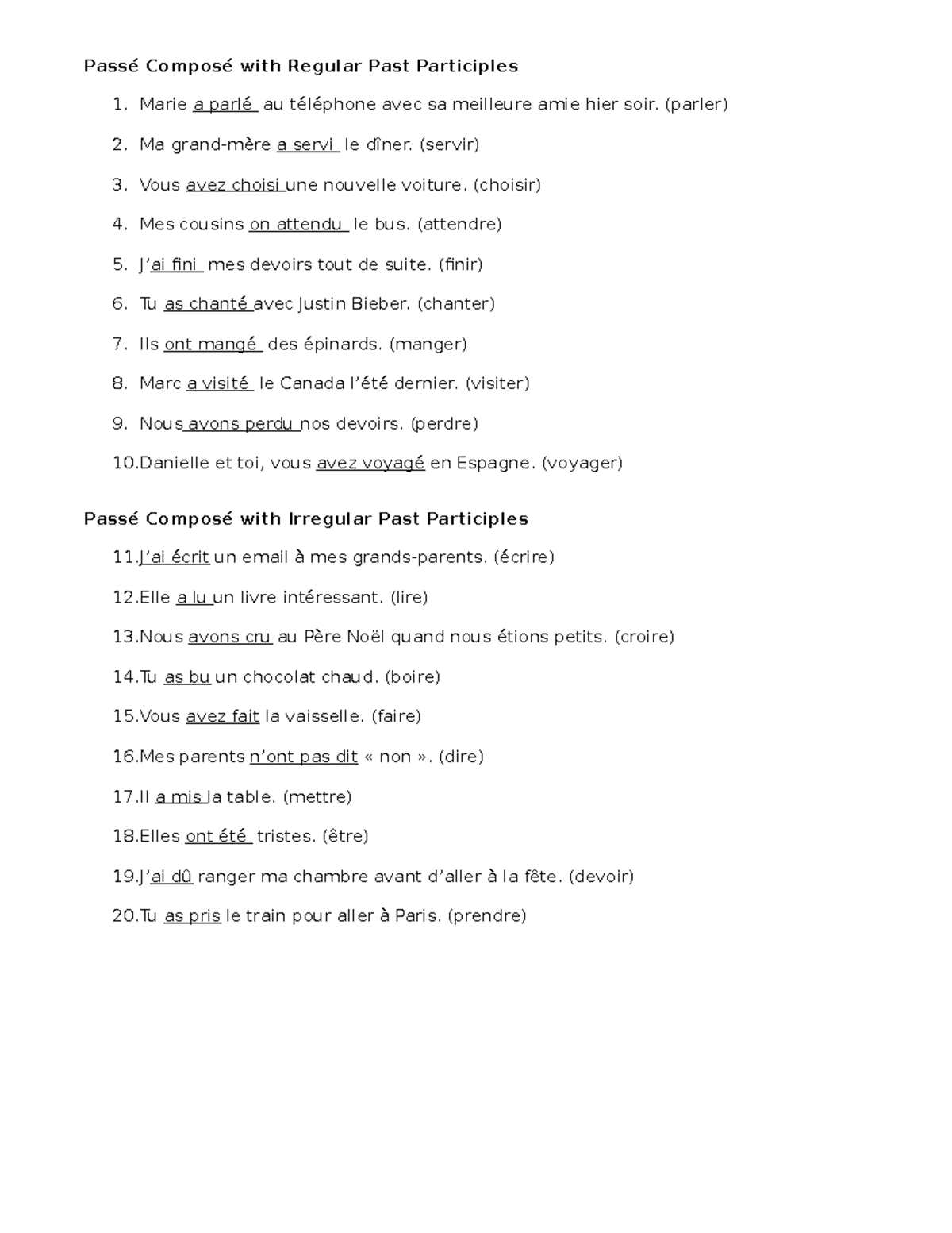 Passé Composé with Regular & Irregular Past Participles Extra Credit ...