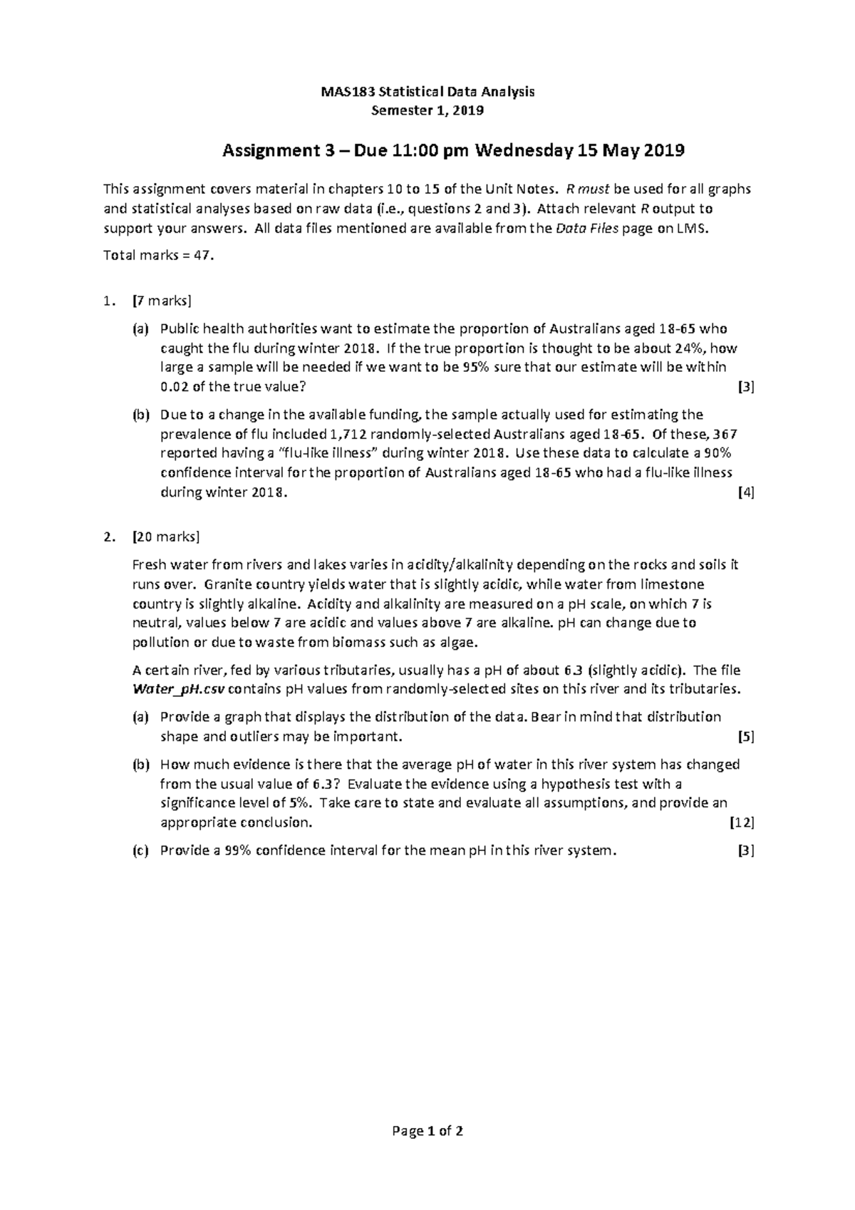 Assign 3 Page 1 Of 2 Mas183 Statistical Data Analysis Semester 1 2019 Assignment 3 Due 11