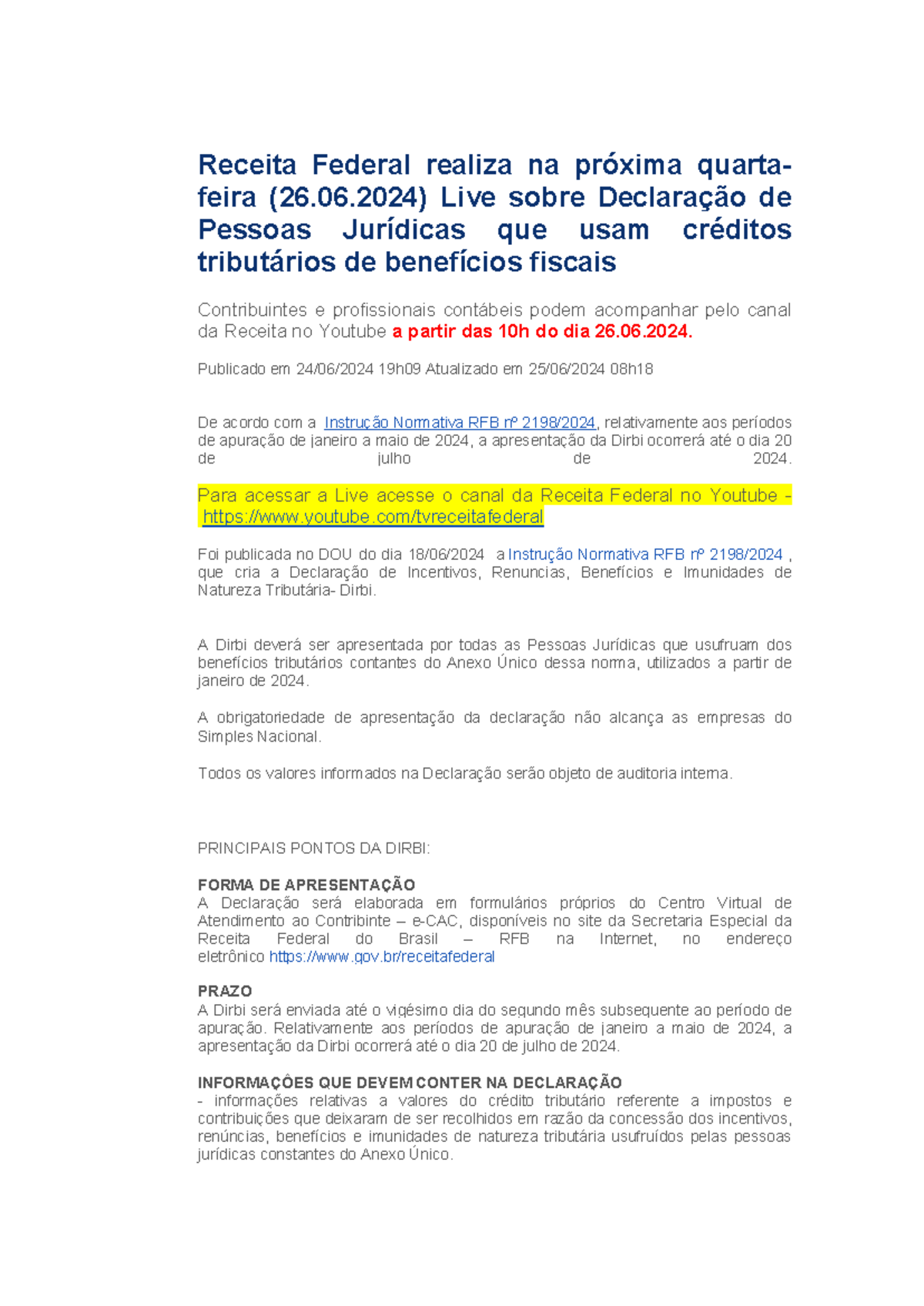 RFB realizará Live sobre Dirbi - Receita Federal realiza na próxima ...