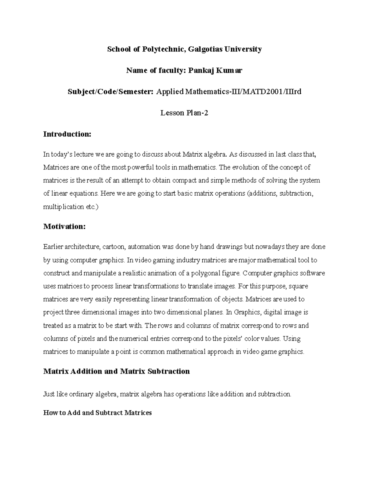 Lesson Plan 2 Matrix - Lecture notes Applied Mathematics-III - Discrete ...