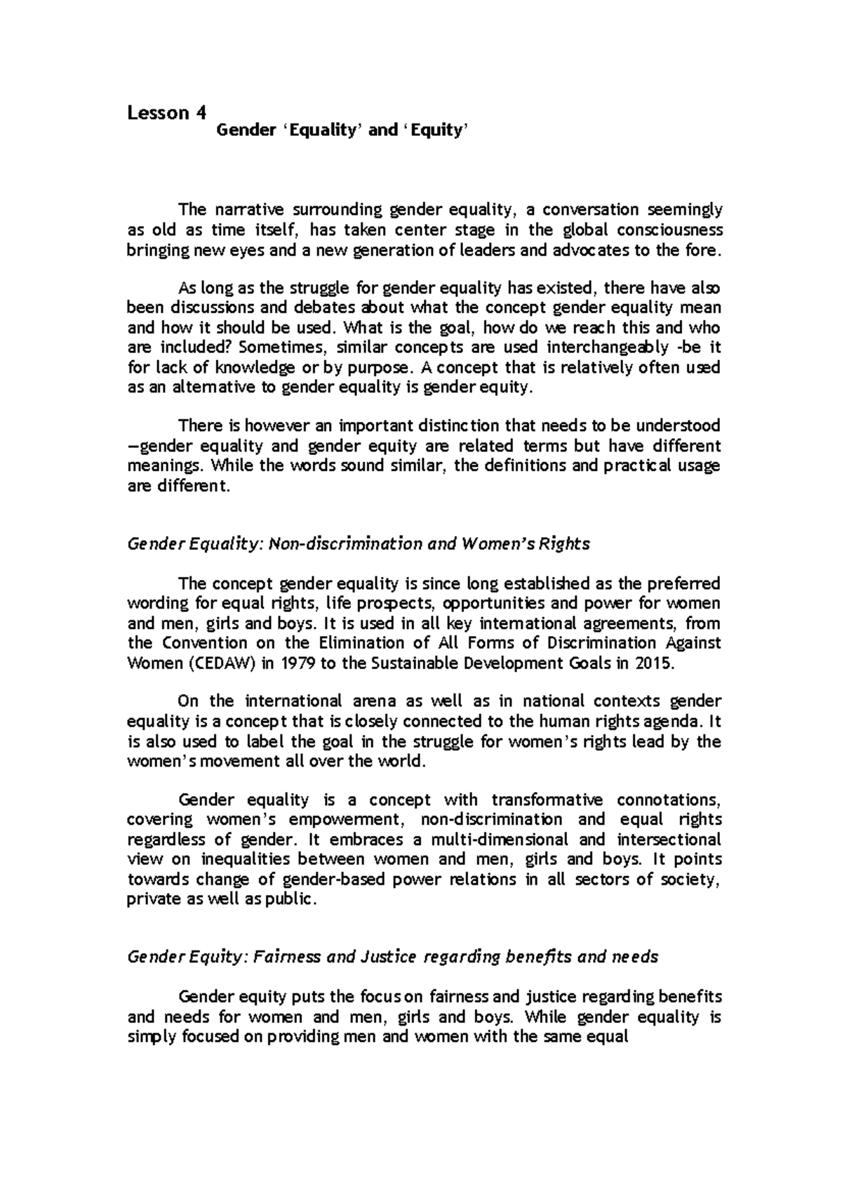 Module 2 Lesson 4 - Lesson 4 Gender ‘Equality’ and ‘Equity’ The ...