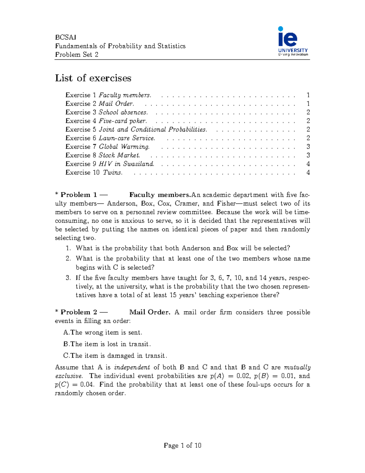 Problem Set 2 (Sol) - Fundamentals of Probability and Statistics Problem Set 2 List of exercises ...