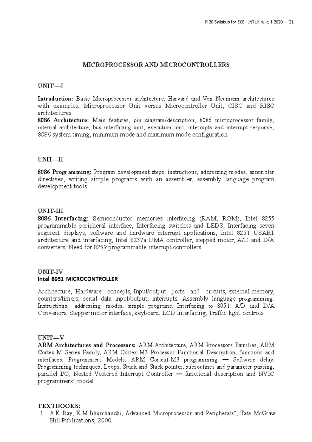 1. Course Syllabus (R20 ECE) - MICROPROCESSOR AND MICROCONTROLLERS UNIT ...