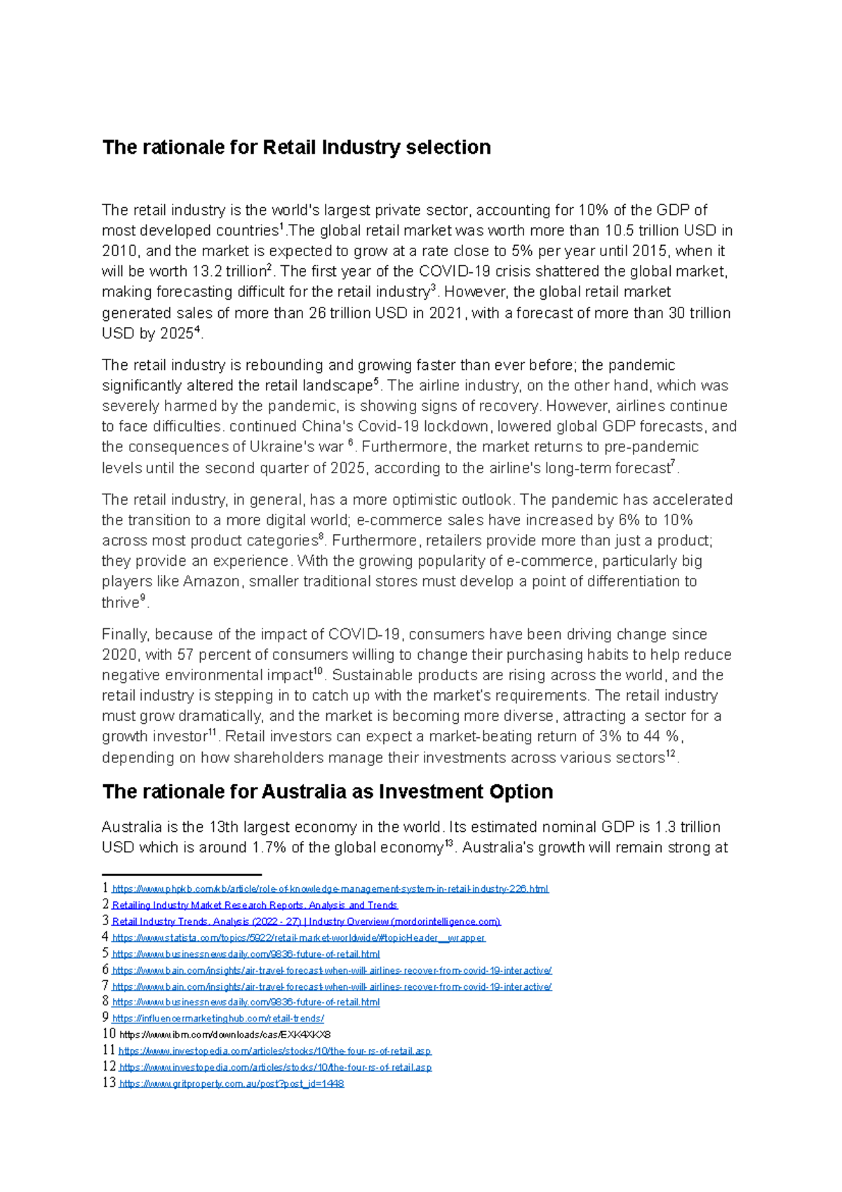 Major Project AU - The rationale for Retail Industry selection The ...