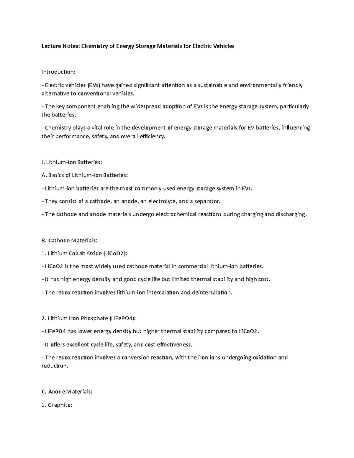 Lecture Notes Chemistry Of Energy Storage Materials For Electric Vehicles Lecture Notes