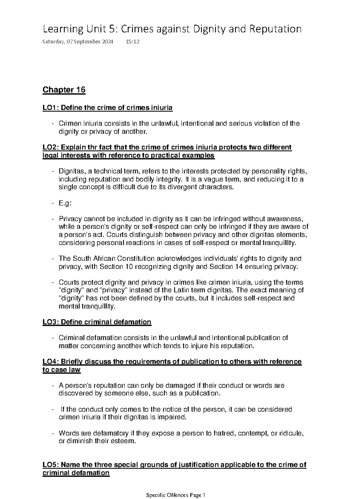 Learning Unit 5 Crimes against Dignity and Reputation - Chapter 16 LO1 ...