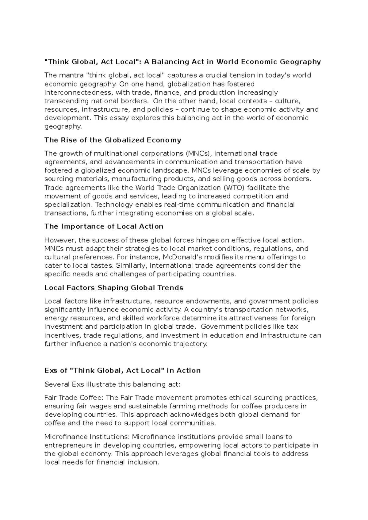 WGE essays - "Think Global, Act Local": A Balancing Act in World ...