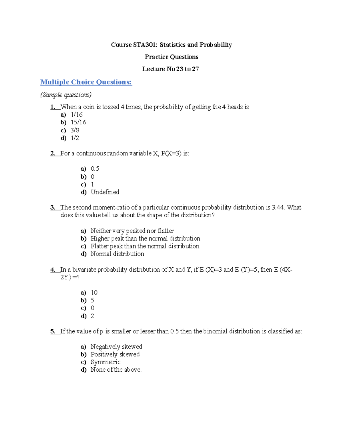 Practice Questions Lecture 23-27 - Course STA301: Statistics and ...