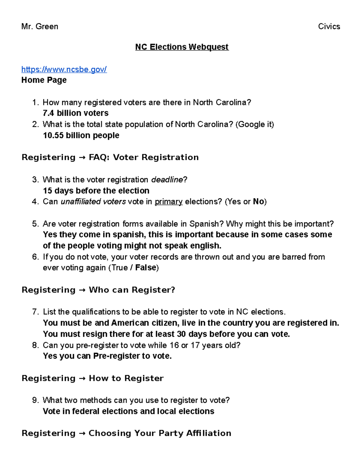 Copy of Webquest Elections - Mr. Green Civics NC Elections Webquest ...