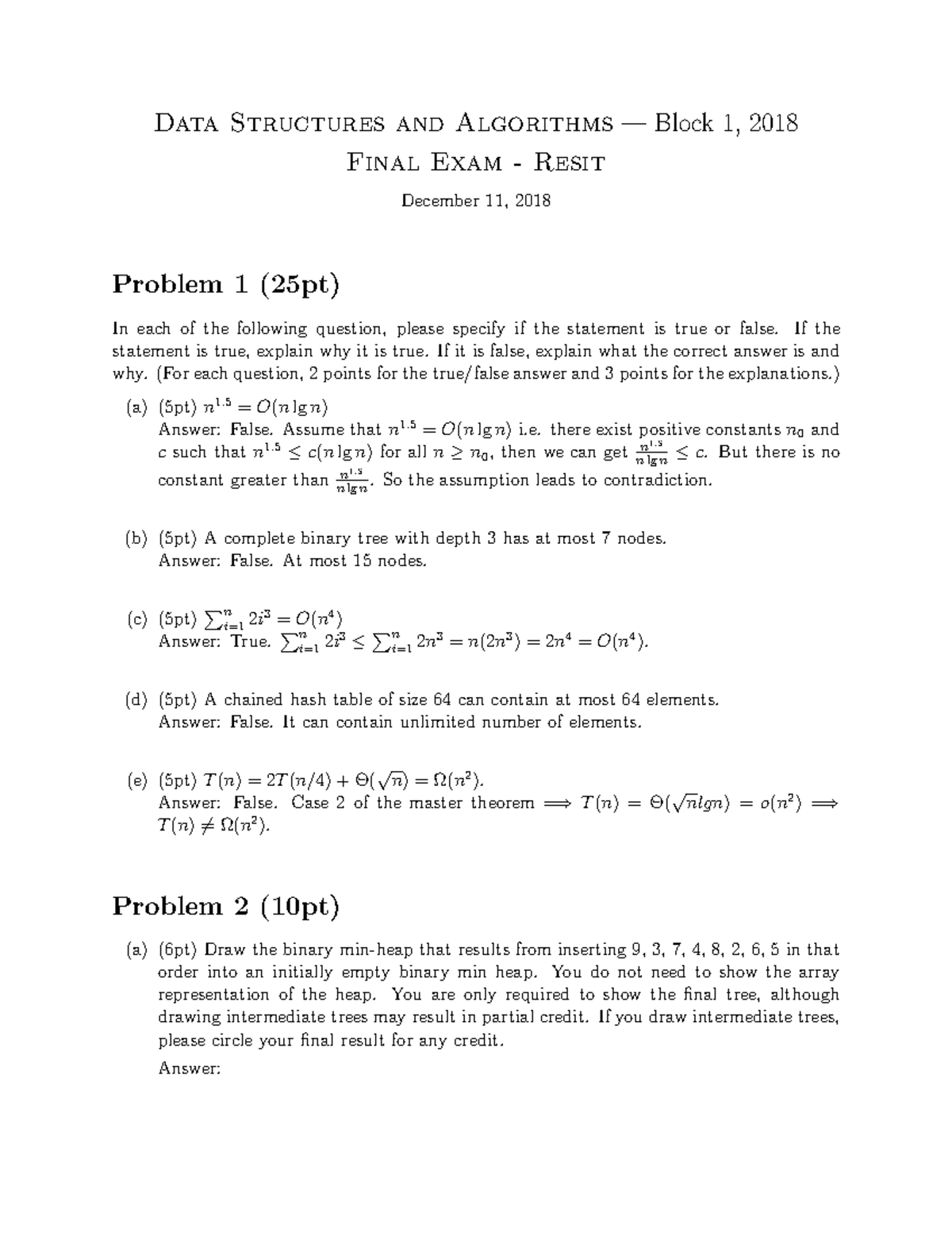 2018 12 11 resit solutions - Data Structures and Algorithms — Block 1, 2018 Final Exam - Resit ...
