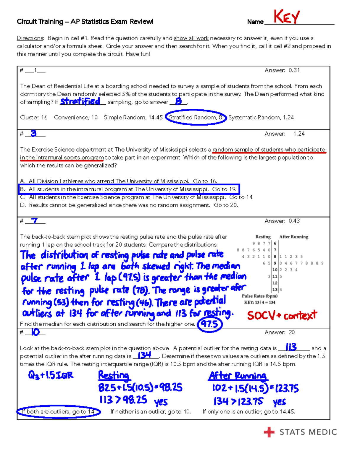 Circuit Training - AP Statistics Exam Review Formatted Answer Key ...