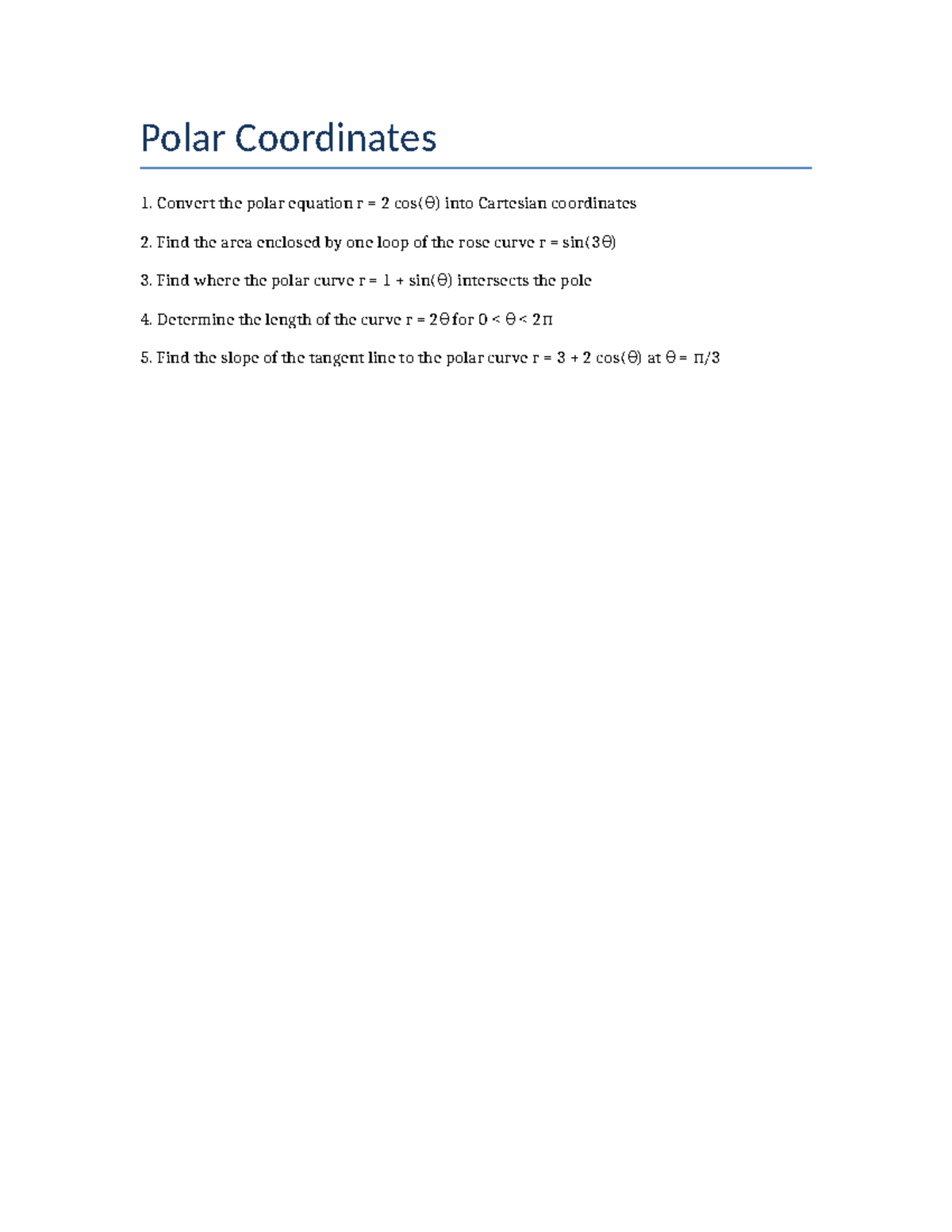 Polar Coordinates - questions for homework - MTH202 - Polar Coordinates ...