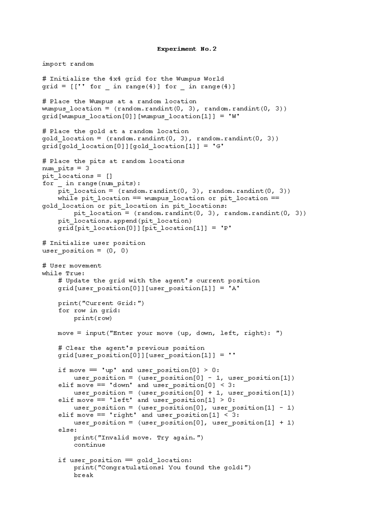 Ai outputs - Experiment No. import random Initialize the 4x4 grid for ...