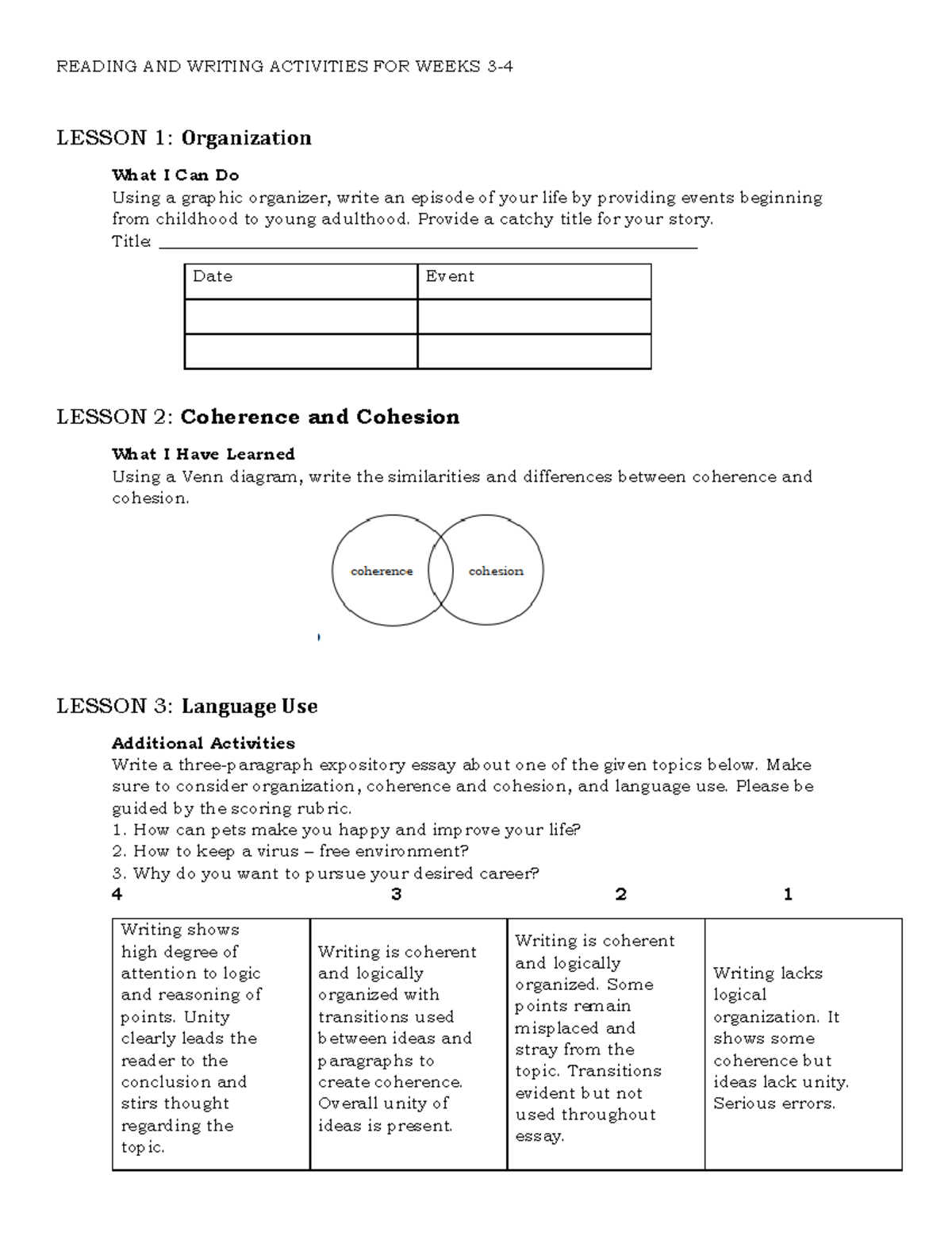 Recorded Reading AND Writing Activities FOR Weeks 3 4 - READING AND ...