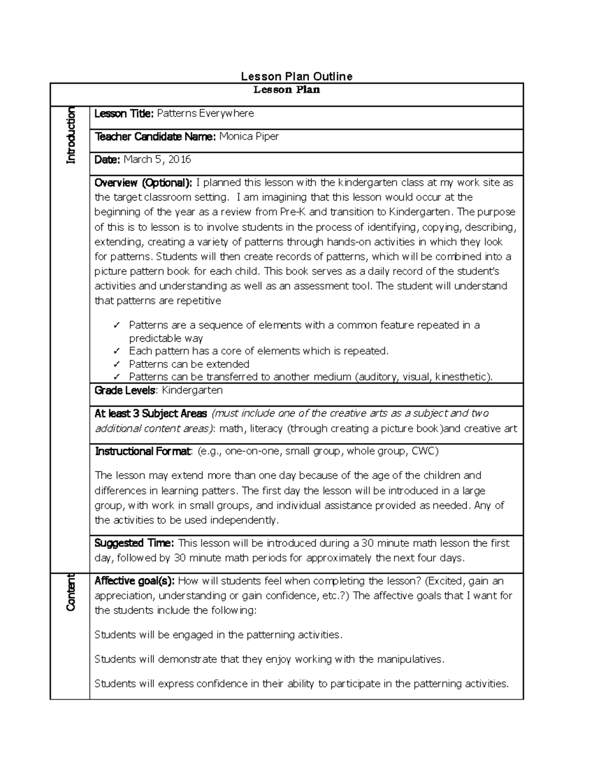 EDC325 Lesson plan - Notes - Lesson Plan Outline Lesson Plan ...