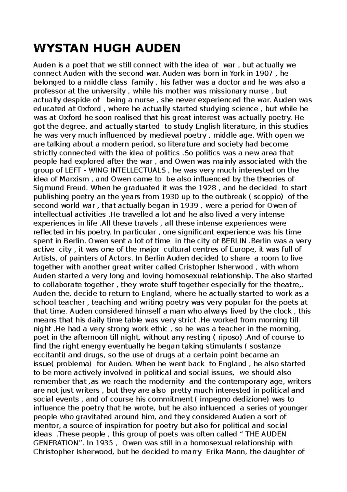 Wystan HUGH Auden - WYSTAN HUGH AUDEN Auden is a poet that we still ...