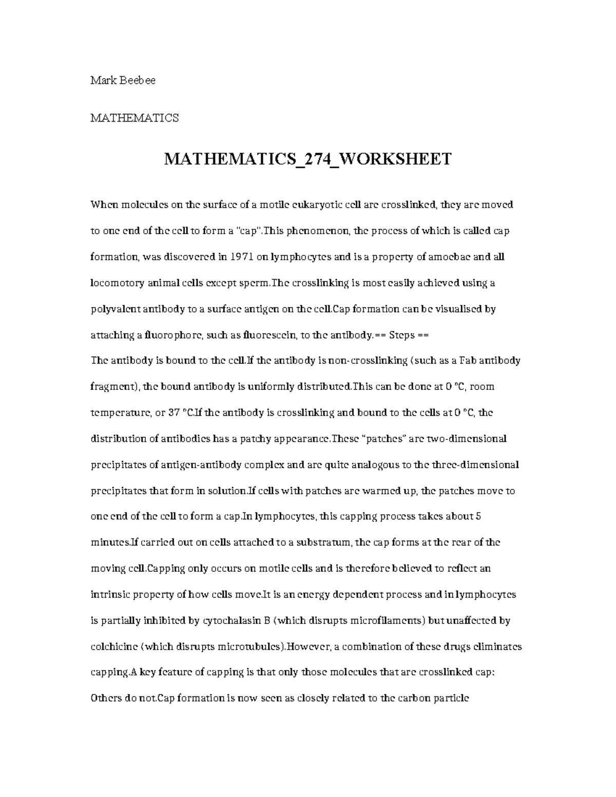 Mathematics 274 Worksheet - Mark Beebee MATHEMATICS MATHEMATICS_274 ...