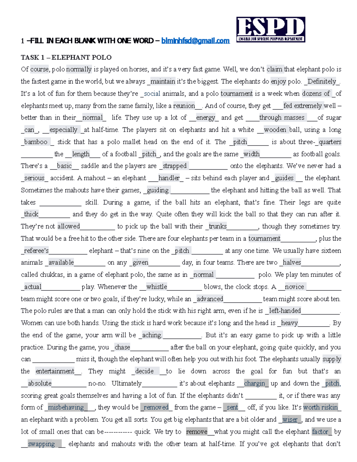 Elephant POLO ESPD speech practice - 1 –FILL IN EACH BLANK WITH ONE ...