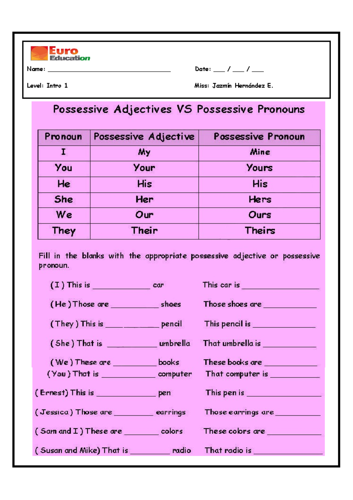 1 Possessive Adjectives VS Possessive Pronouns - Lengua y redaccion ...