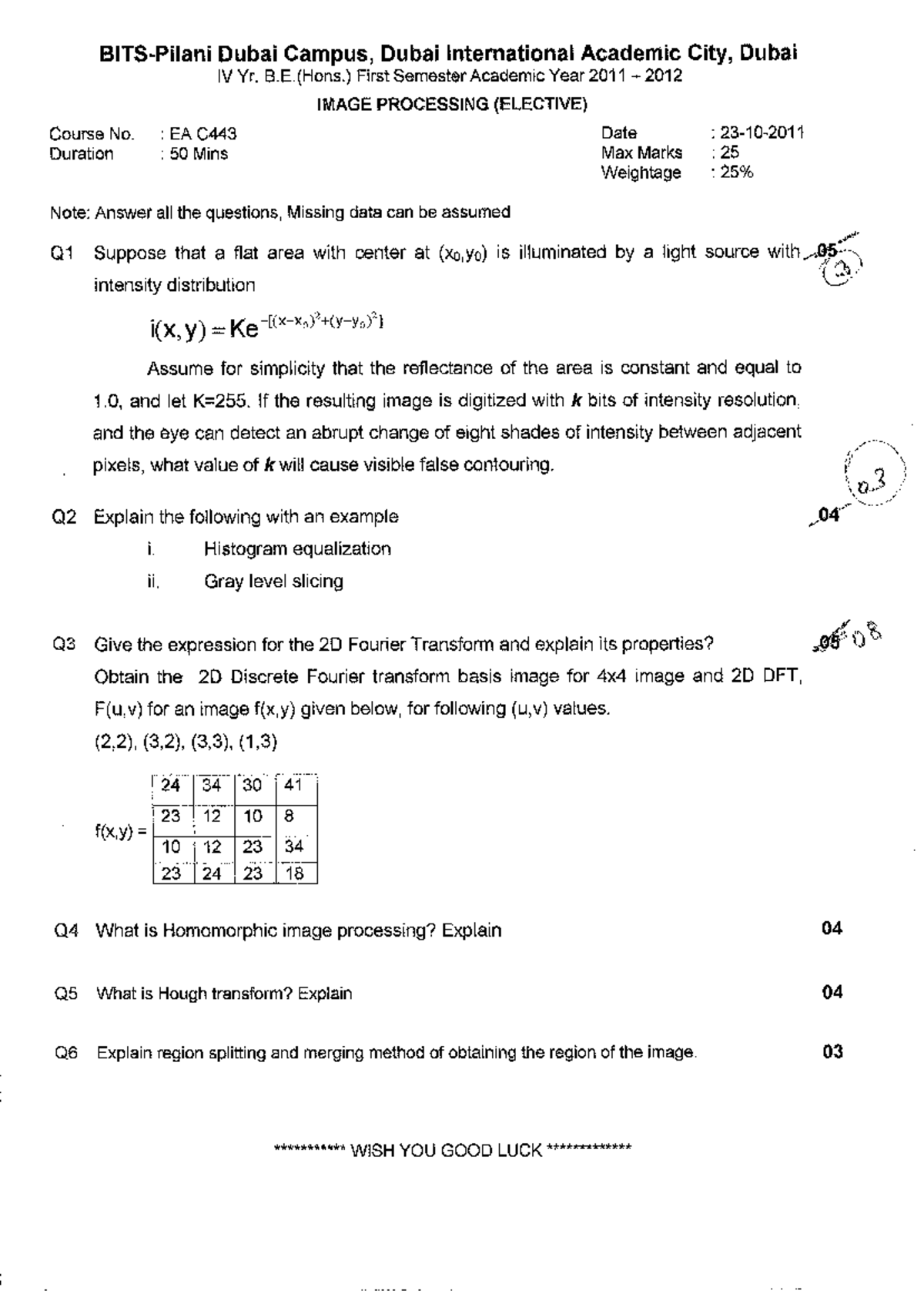 Image Processing Evaluation I SEM Question paper semester 2022 ...
