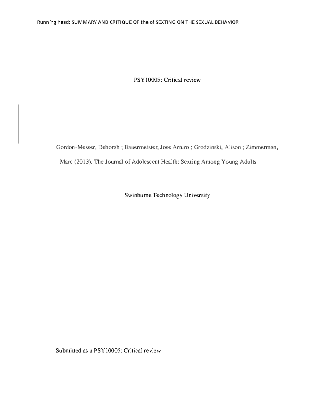 Psy10005 Assignment 1 Critical Review Running Head SUMMARY AND psy10005-assignment-1-critical-review-running-head-summary-and