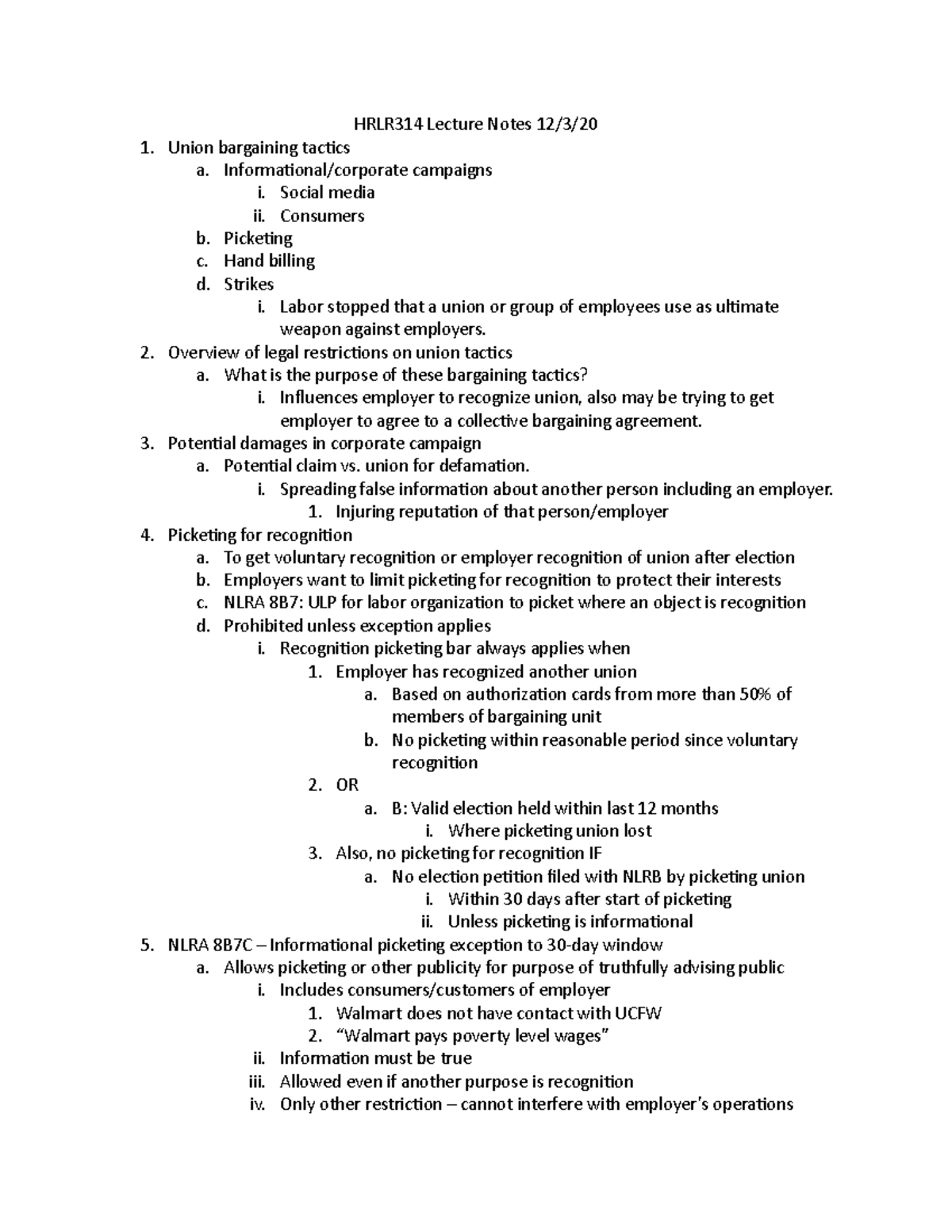 HRLR314 Union bargaining tactics - HRLR314 Lecture Notes 12/3/ Union ...