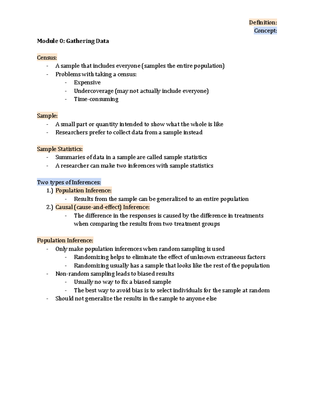 Stat 151 Module 0 Lecture Notes 1 Definition Concept Module 0 Gathering Data Census A