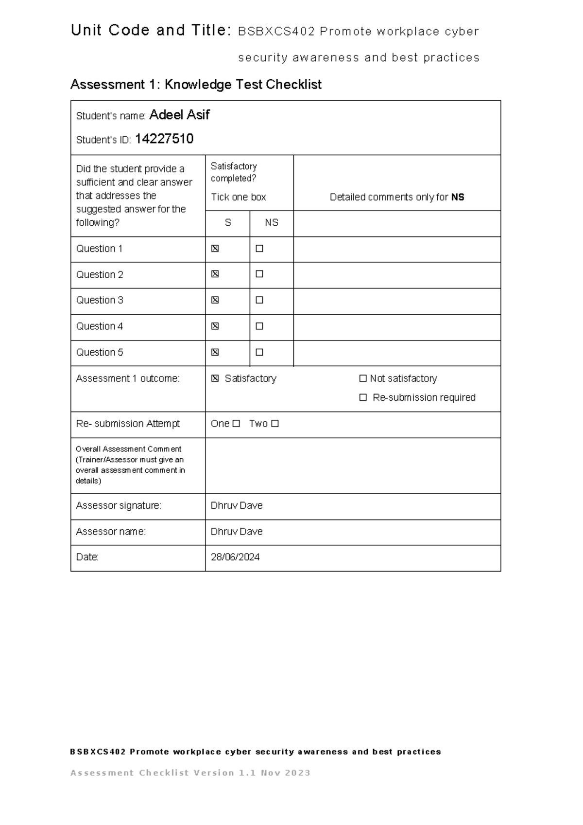 Bsbxcs 402 IT Assessment 1 checklist - Unit Code and Title: BSBXC S4 0 ...