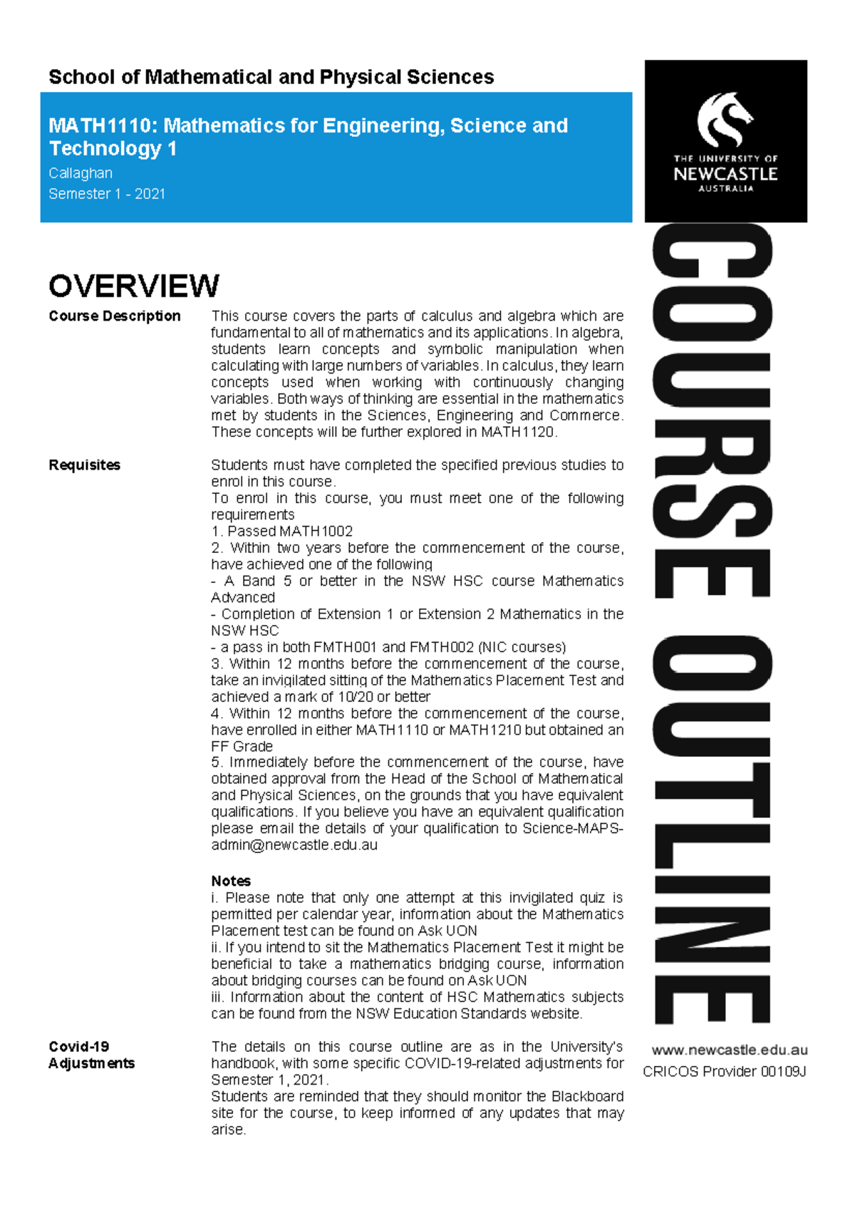 MATH1110 S1 2021 Course Outline - School of Mathematical and Physical ...