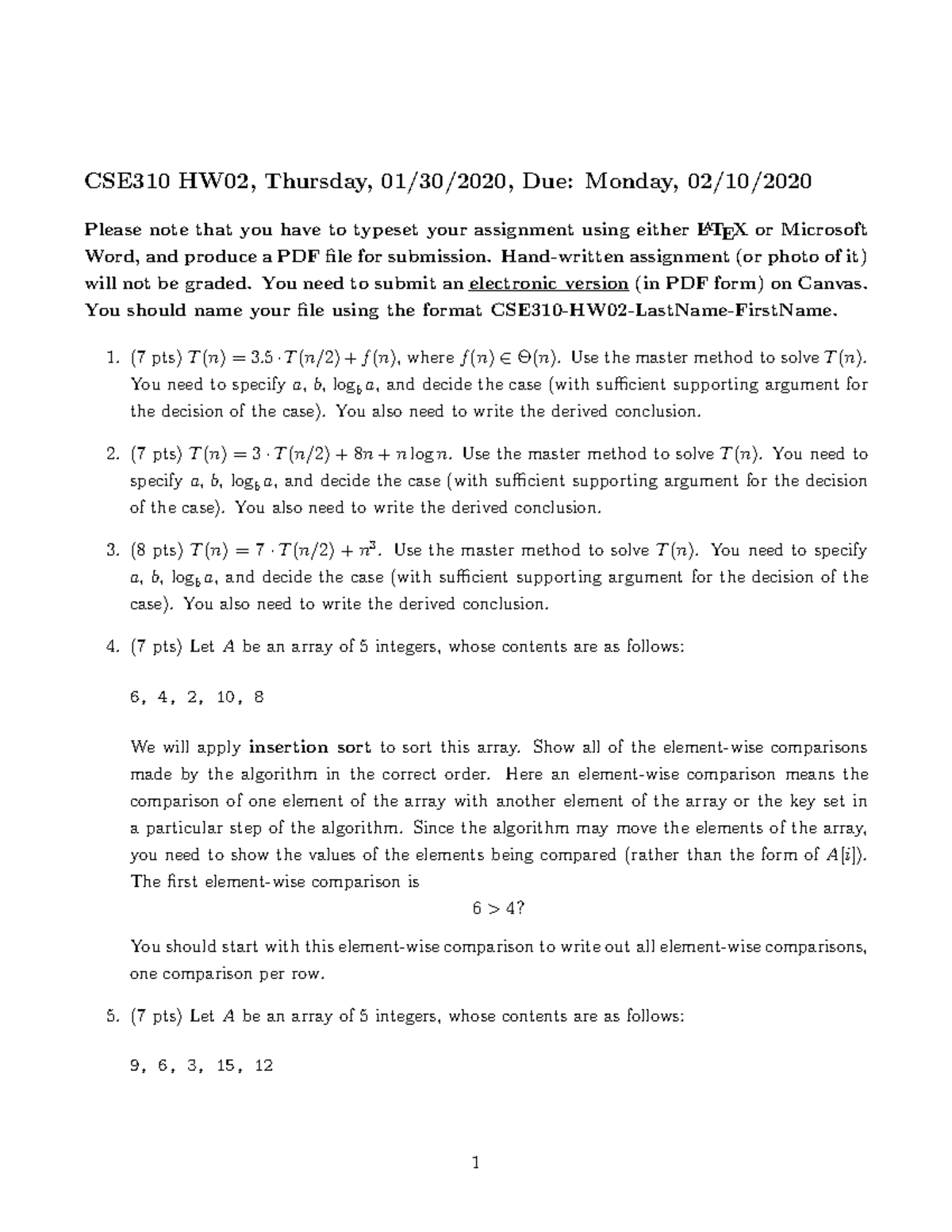 Cse310 Hw02 Cse310 Hw02 Cse310 Hw02 Thursday 01 30 2020 Due Monday 02 10 Please Note