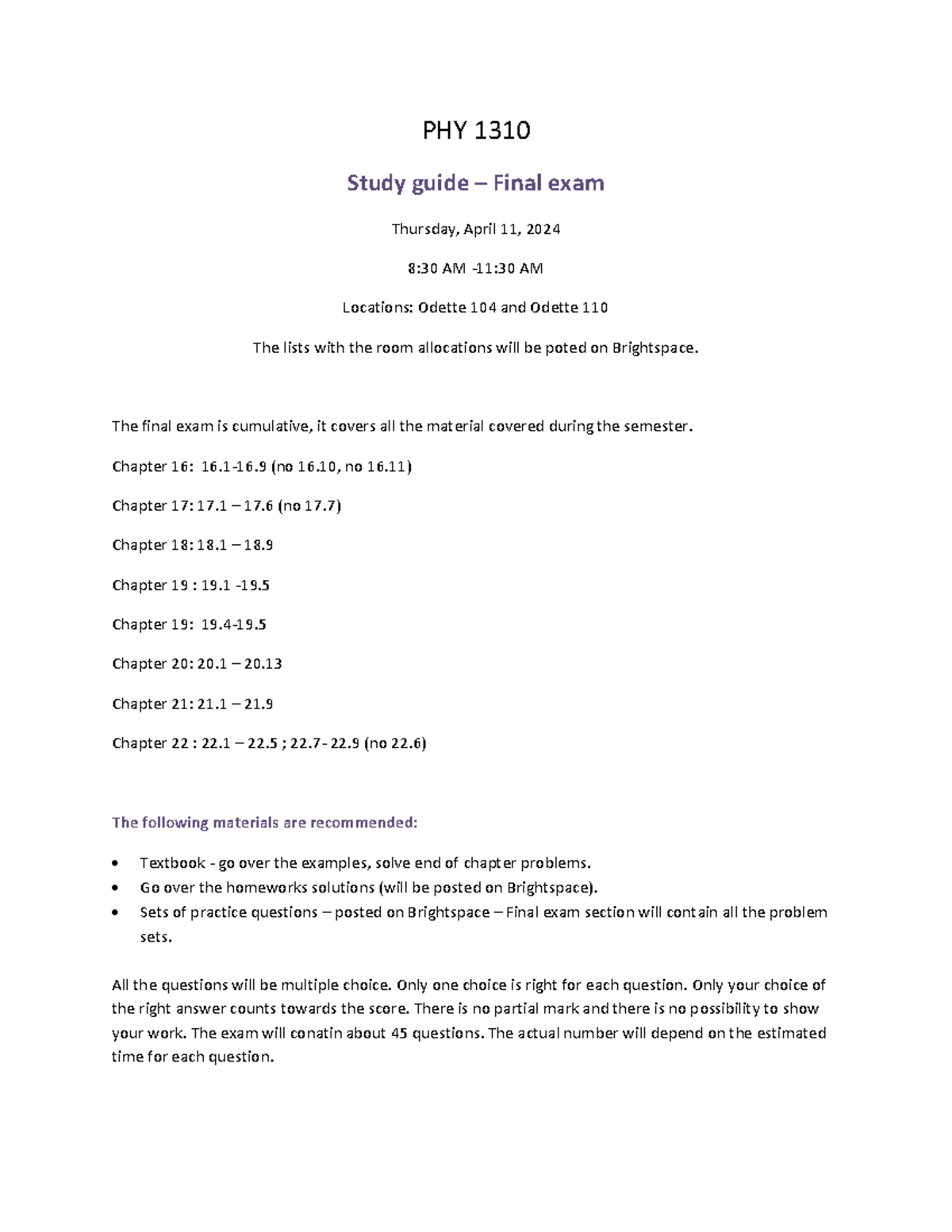 Study Guide - Final exam - PHY 1 310 Study guide – Final exam Thursday, April 11, 202 4 8 :30 AM ...