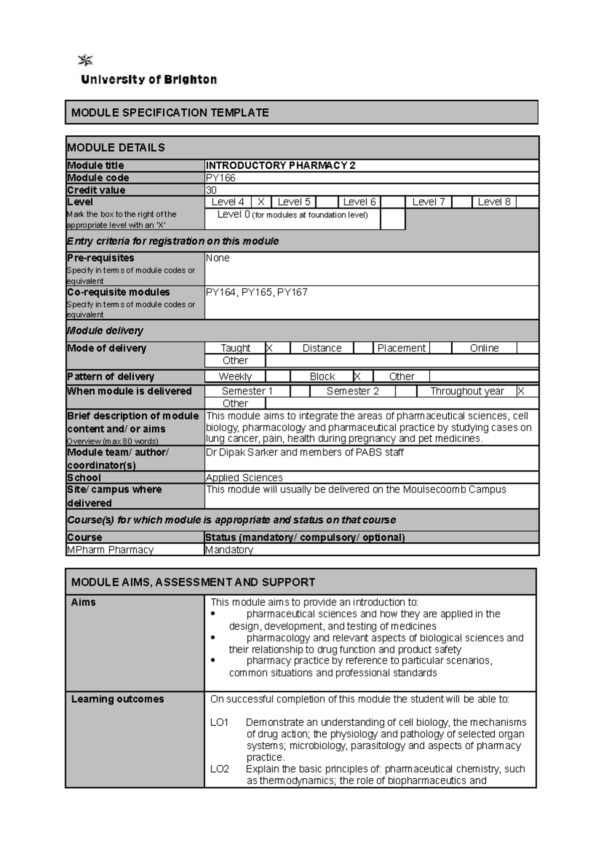 PY166 - module specification - MODULE SPECIFICATION TEMPLATE MODULE ...