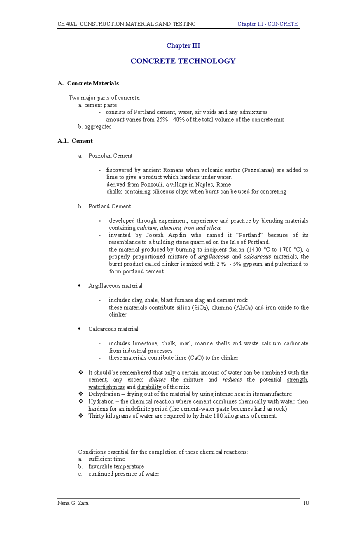 CMT IV-Concrete - Chapter III CONCRETE TECHNOLOGY A. Concrete Materials ...