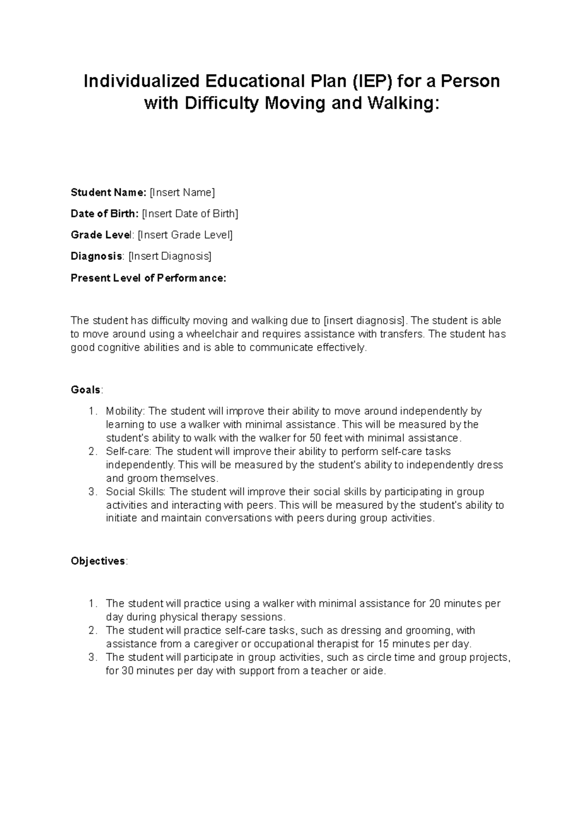 Difficulty walking and moving - Individualized Educational Plan (IEP ...