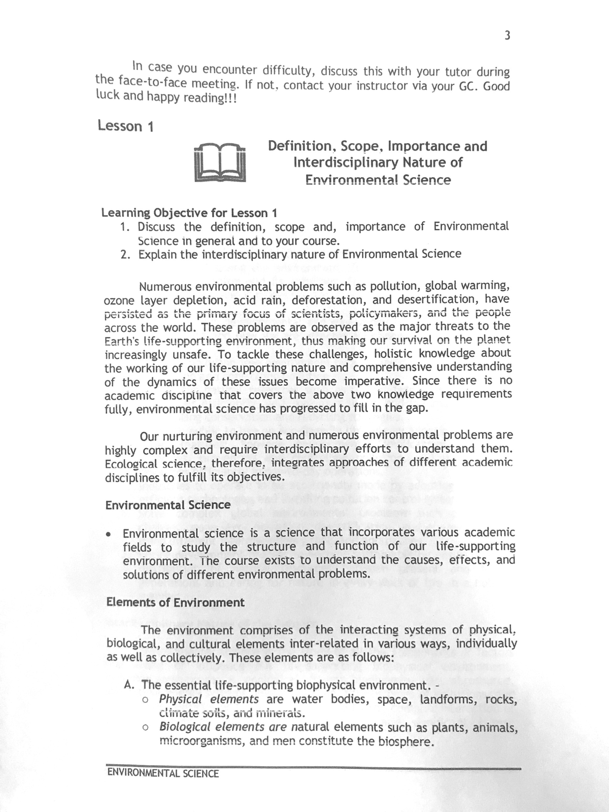 GEEC 101 Lesson 1 - Environmental Science - Studocu